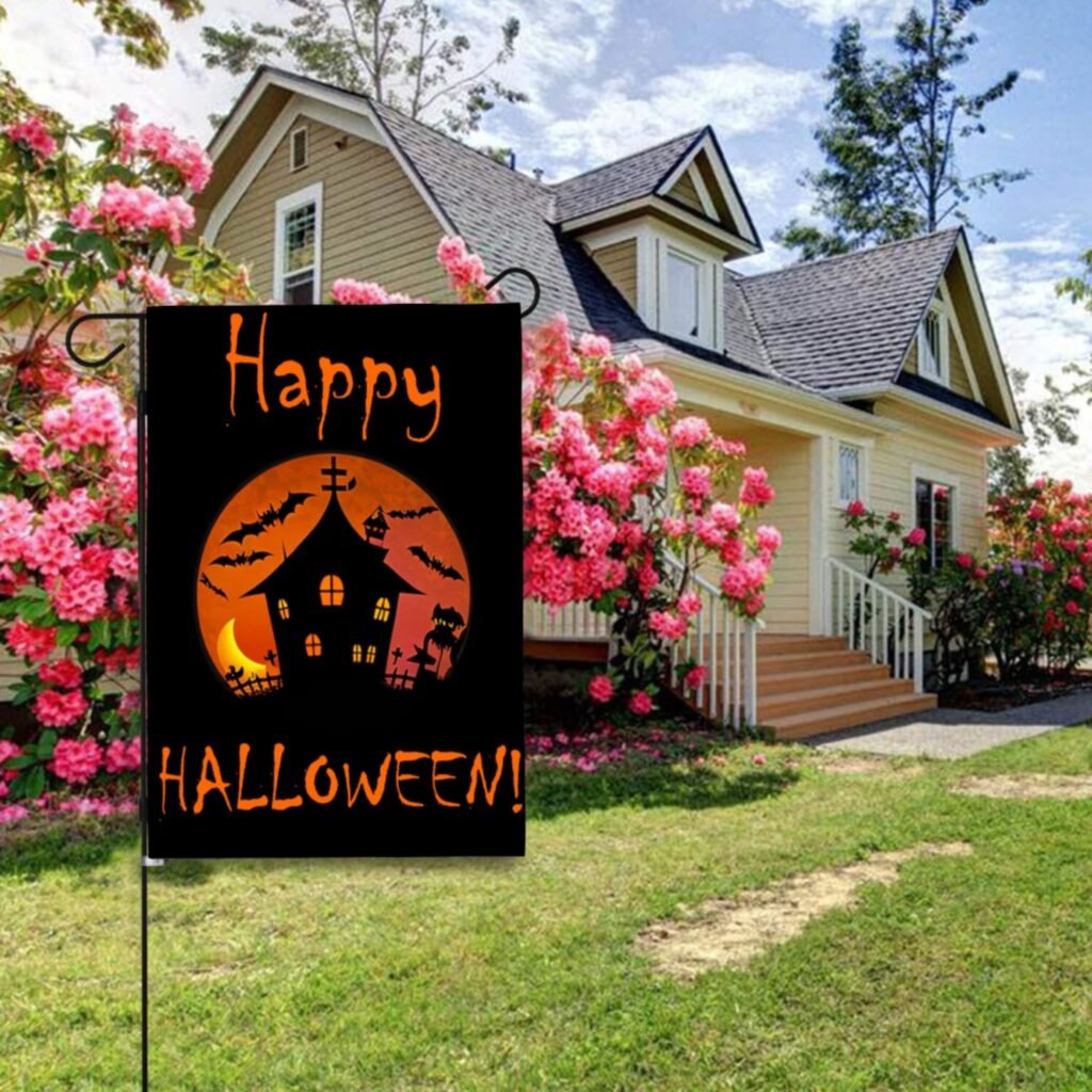 Linen Garden Flag Banner - Halloween - Haunted House 12"x18"